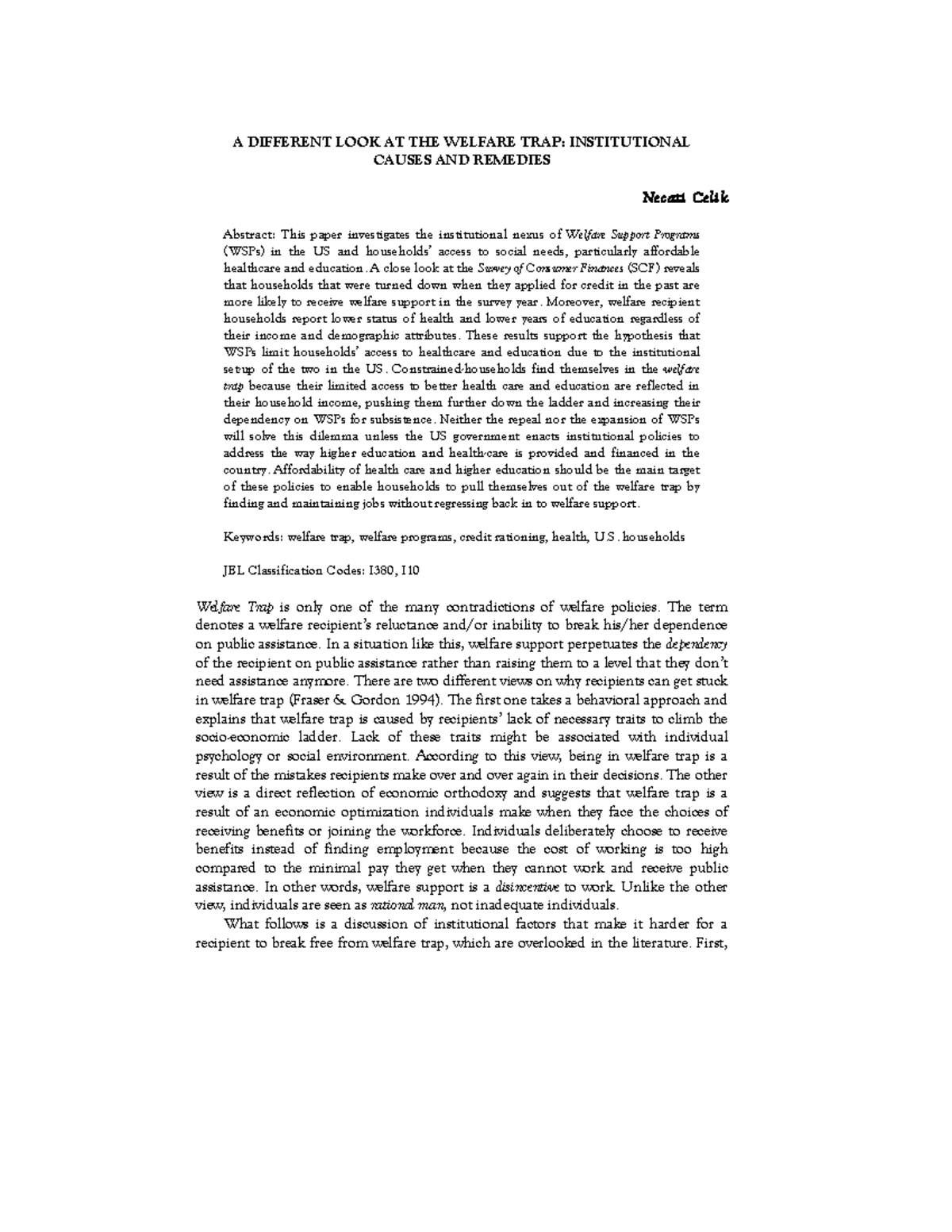 3181 paper rfh BEe ZZ - Notes - A DIFFERENT LOOK AT THE WELFARE TRAP ...