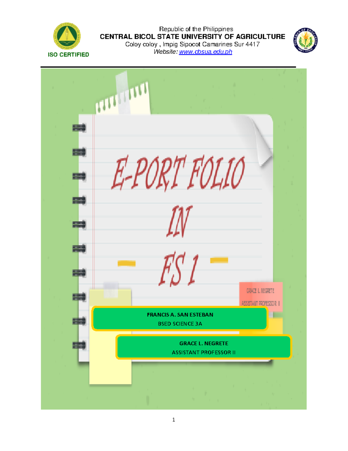 FS 1 E- Portfolio - ISO CERTIFIED Republic of the Philippines CENTRAL ...