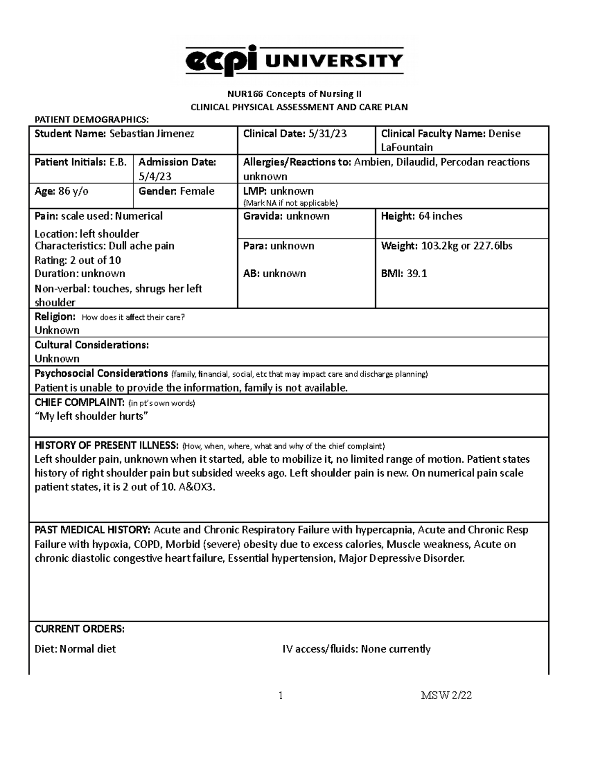 Careplan 2 - Clinical Care plan - NUR166 - ECPI University - Studocu