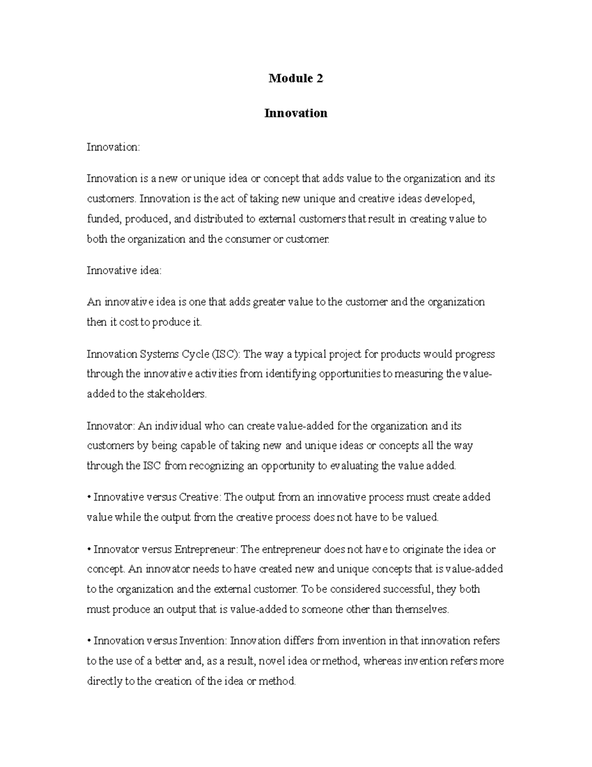 PCL Module 2 - Acc - Module 2 Innovation Innovation: Innovation is a ...