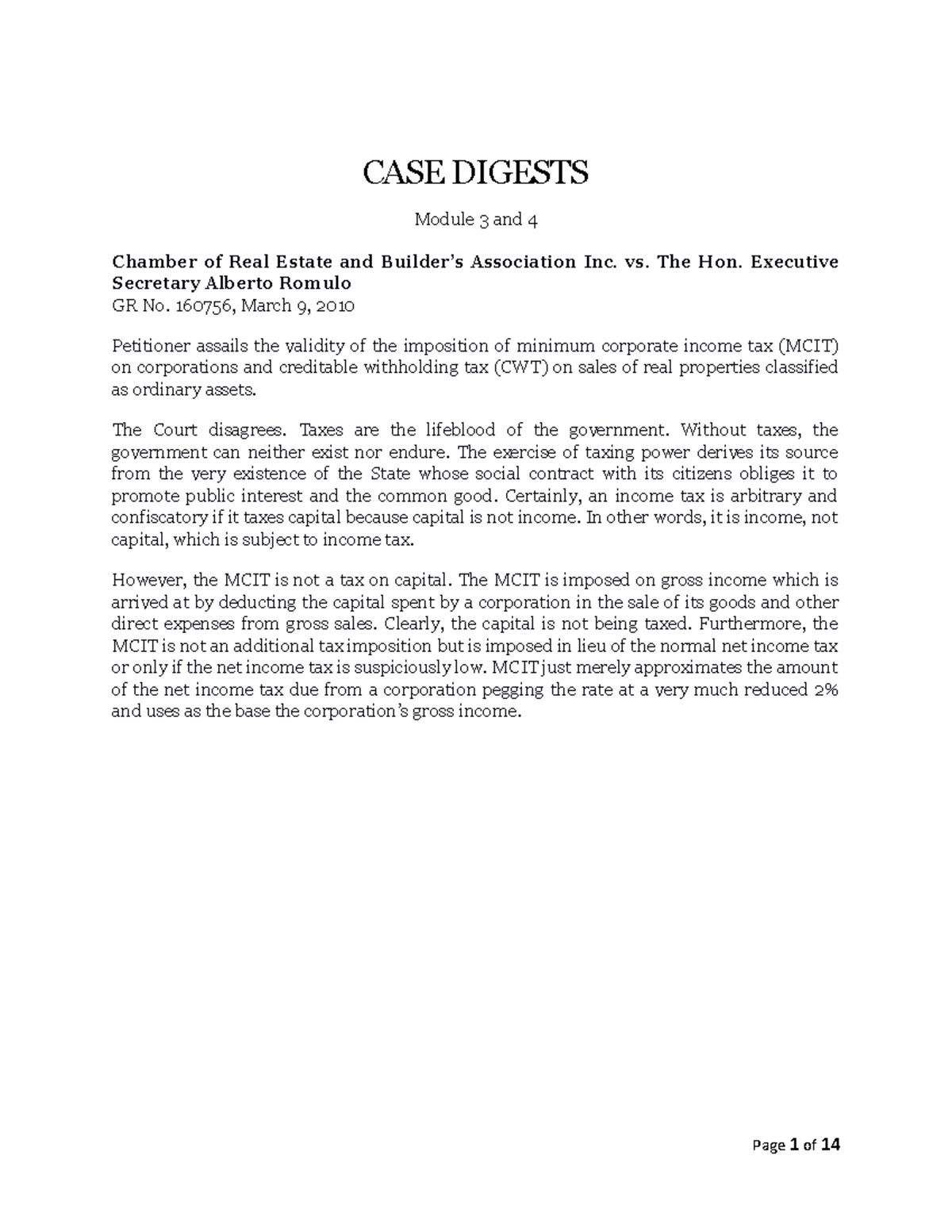 Case Digest - CASE DIGESTS Module 3 and 4 Chamber of Real Estate and ...