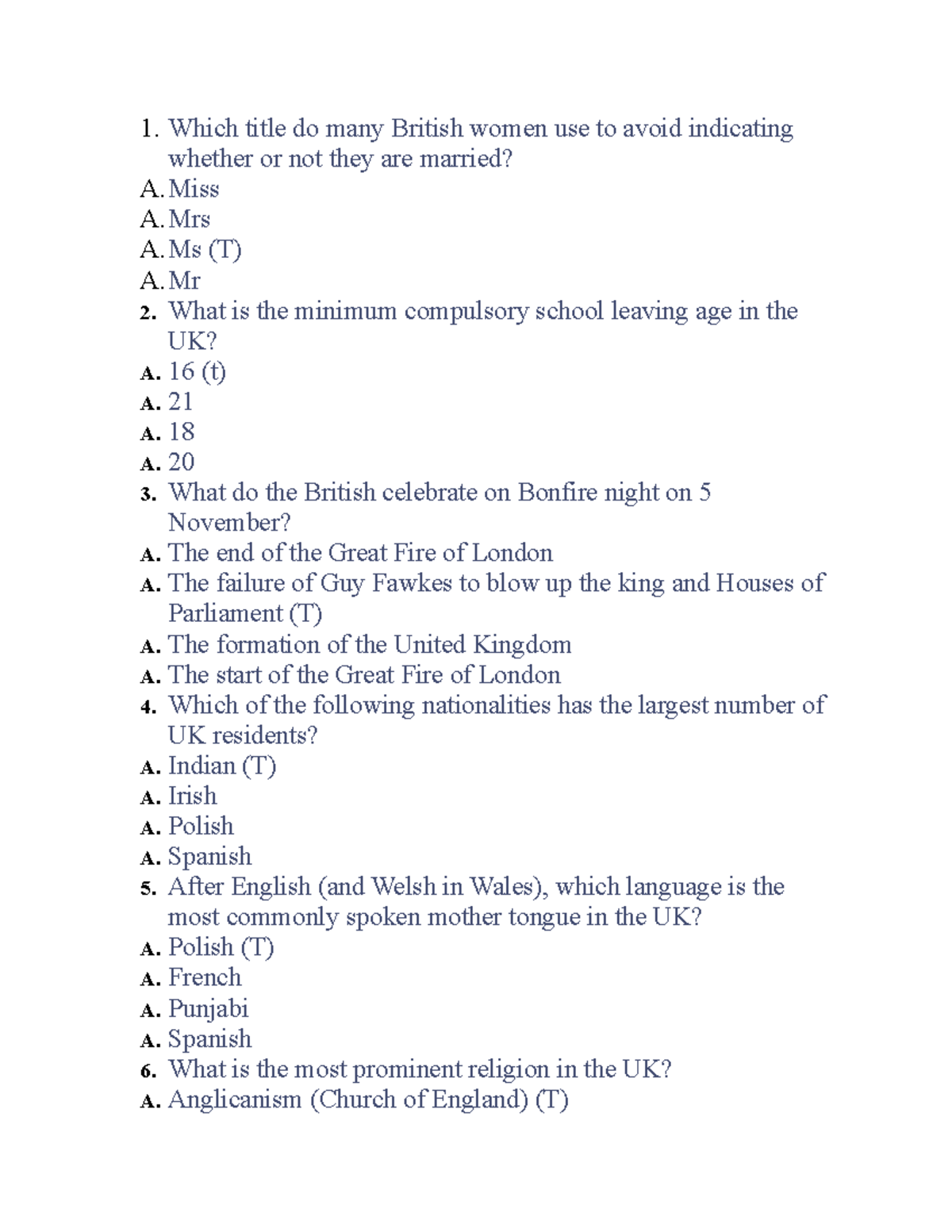 British culture 1 - multiple choice questions - 1. Which title do many ...
