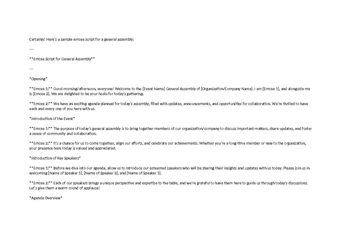 General Assembly Emcee Script - Certainly! Here's a sample emcee script ...