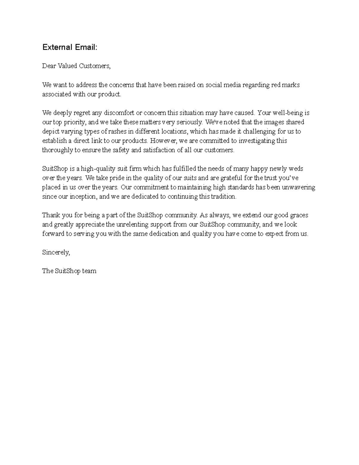 Crisis Communication - Suitshop - External Email: Dear Valued Customers ...