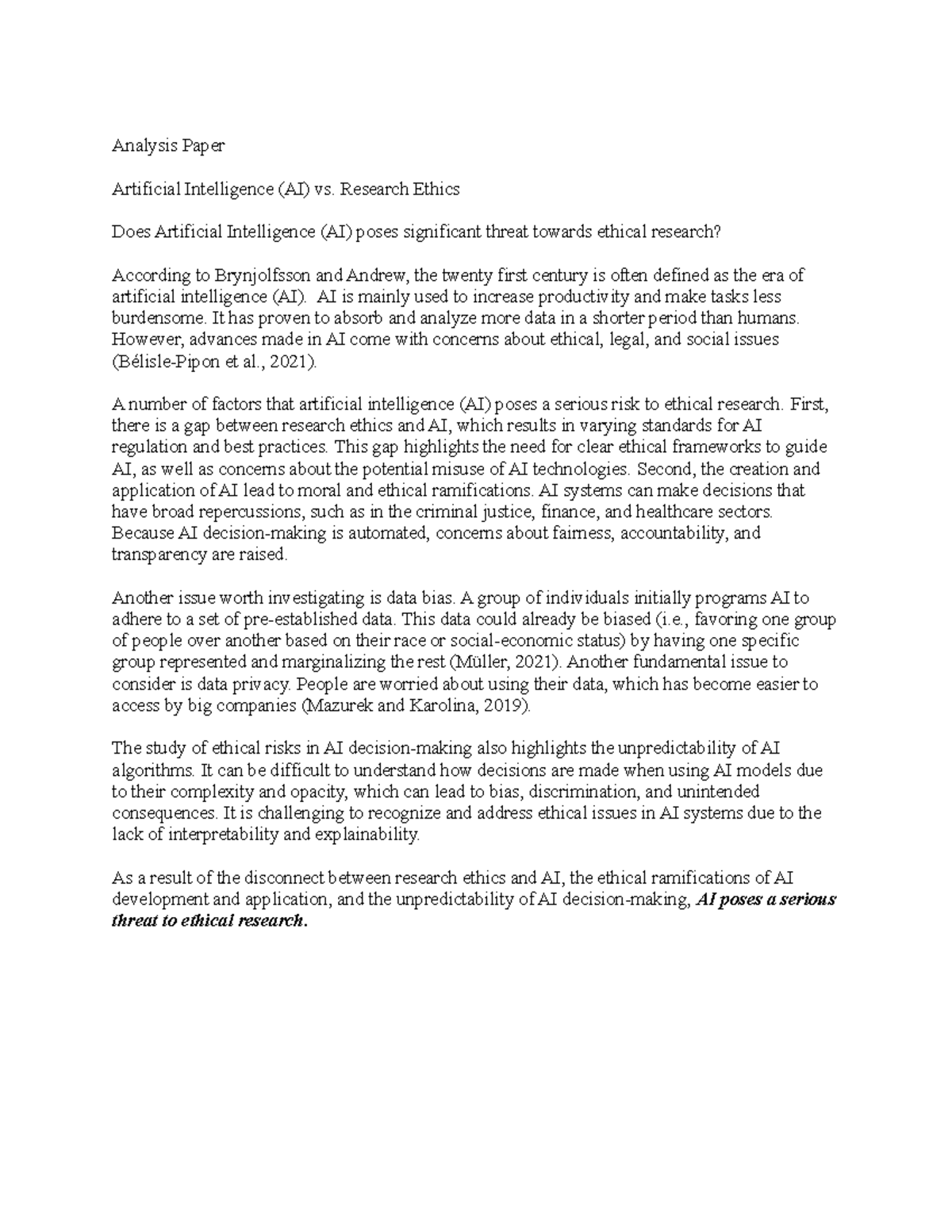 Sample Analysis Paper on Research Ethics Vs. AI - Analysis Paper ...