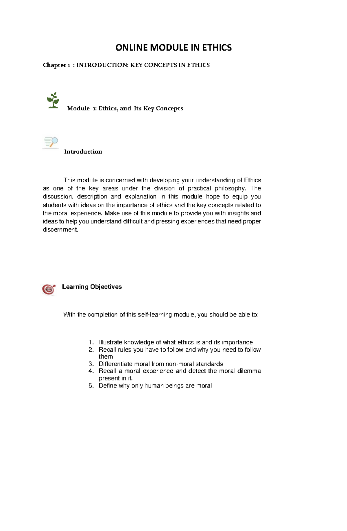 Pdfcoffee - Lesson in the subject ethics. - ONLINE MODULE IN ETHICS Chapter 1 : INTRODUCTION ...