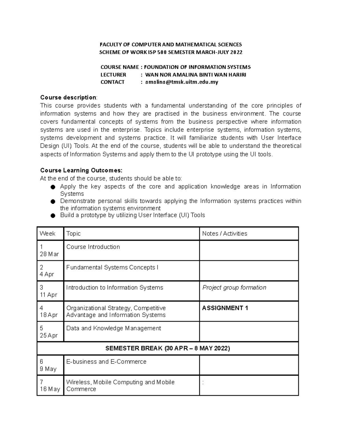 SOW ISP500 March July 2022 - FACULTY OF COMPUTER AND MATHEMATICAL ...