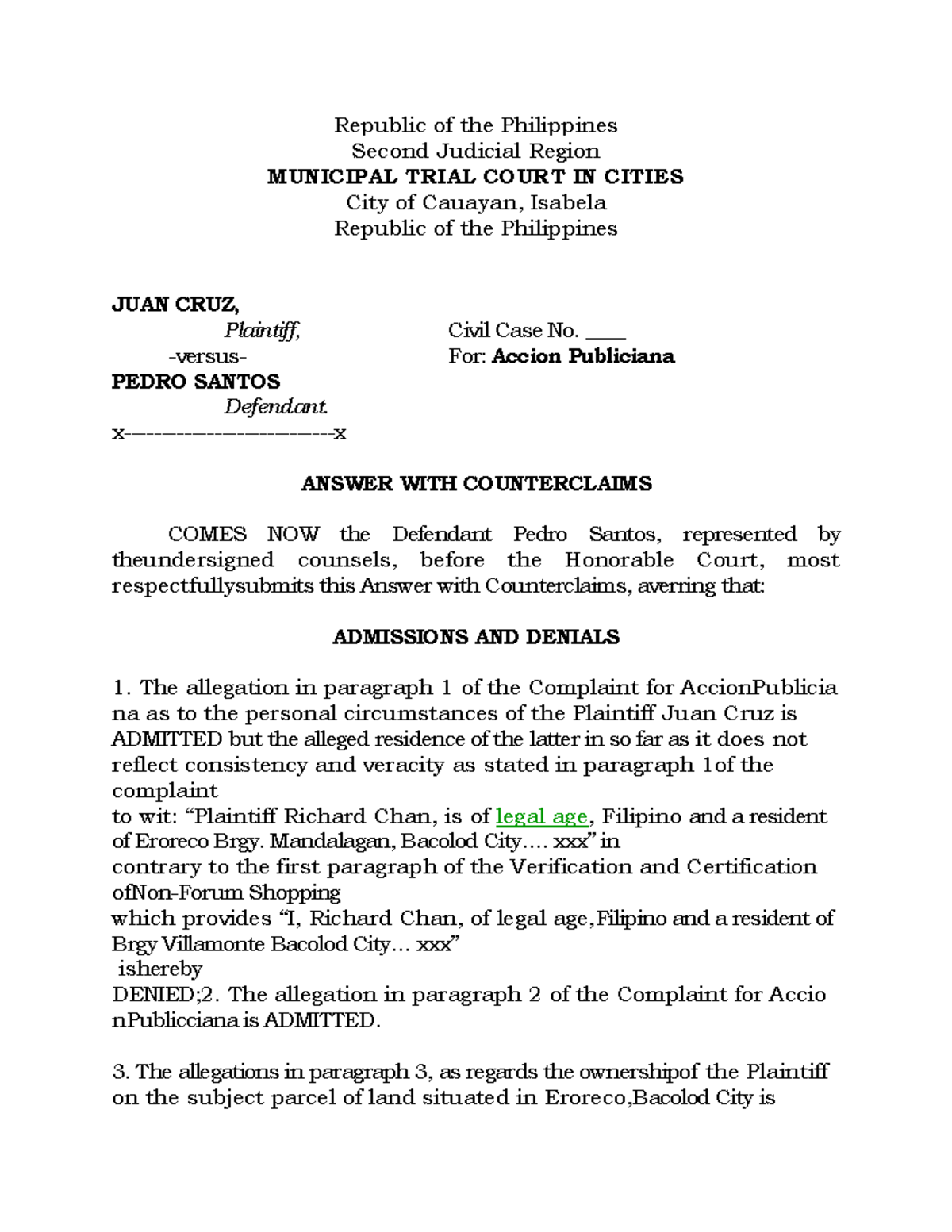 Sample Accion Publiciana - Republic of the Philippines Second Judicial ...
