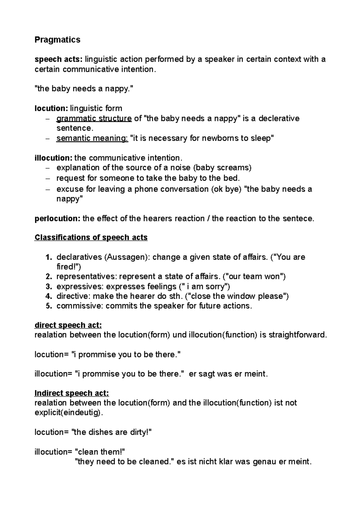 Pragmatics zusammenfassung - Pragmatics speech acts: linguistic action ...