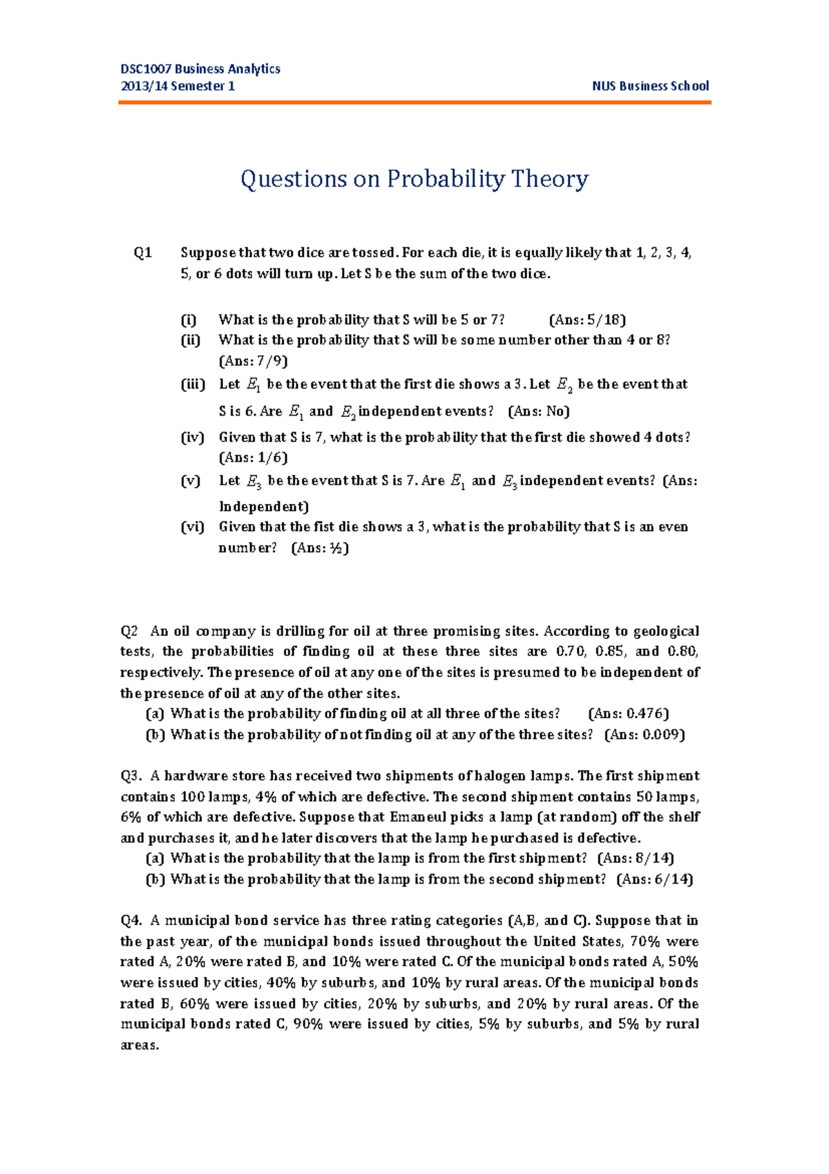 Questions on Probability - DSC1007 Business Analytics - Studocu