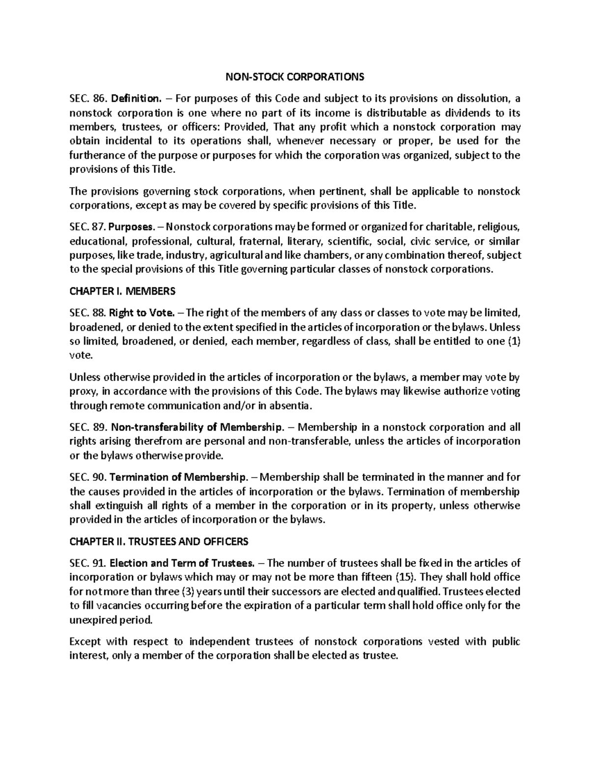 Revised Corporation Code - P6 - NON-STOCK CORPORATIONS SEC. 86 ...