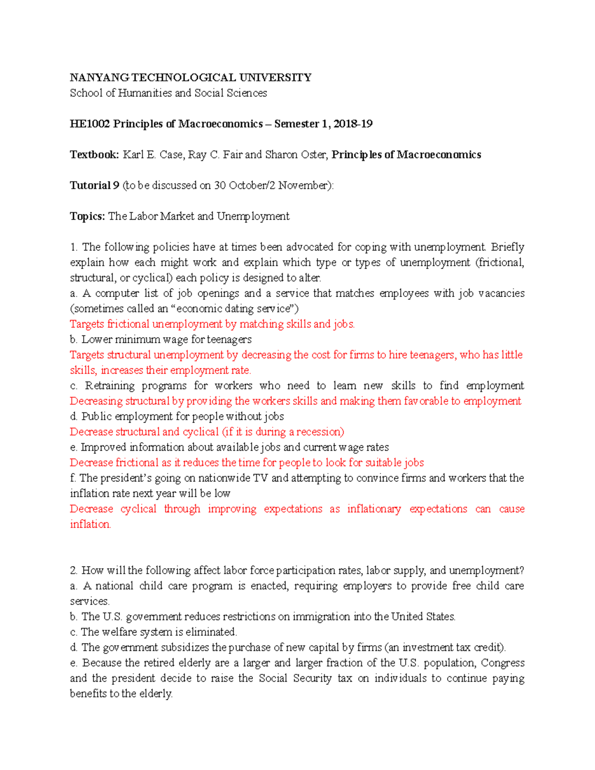 HE1002 Tutorial 9 Questions - NANYANG TECHNOLOGICAL UNIVERSITY School of Humanities and Social ...