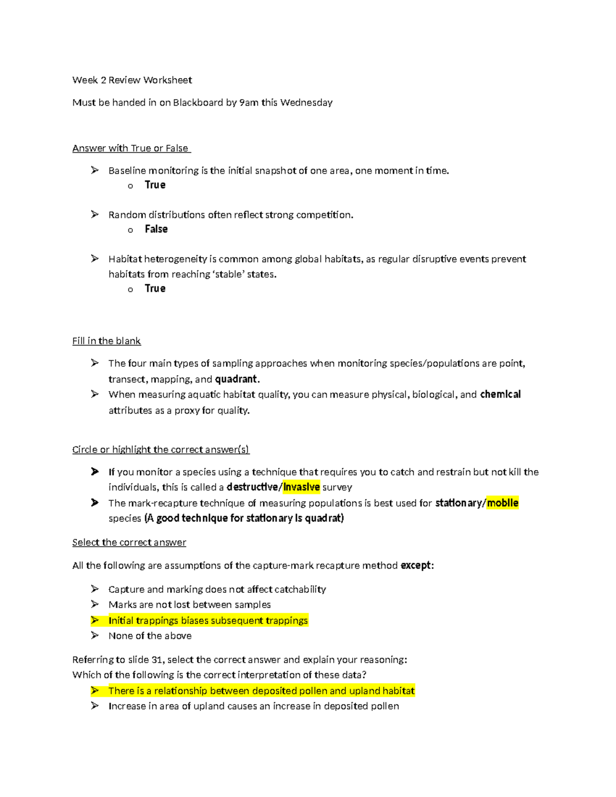 Week Two Review Worksheet - Week 2 Review Worksheet Must be handed in on Blackboard by 9am this ...