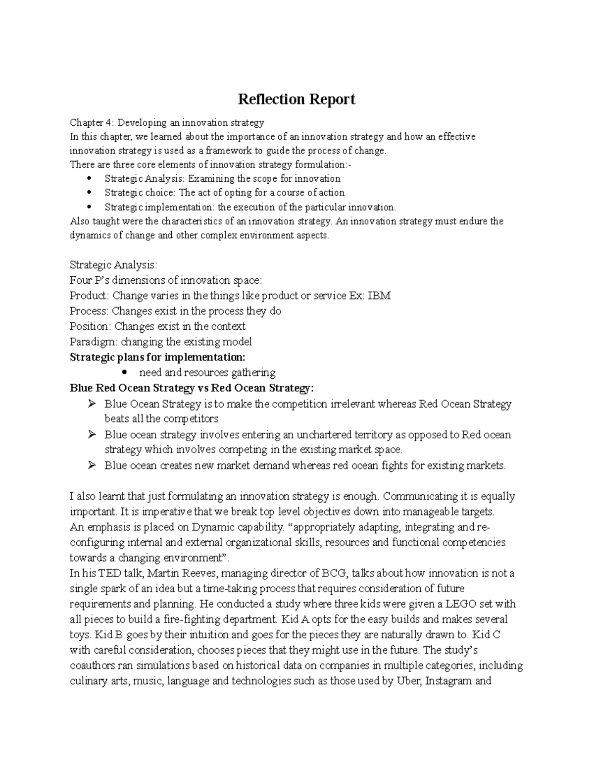 Reflection Report 4 - Developing an innovation strategy - Reflection ...