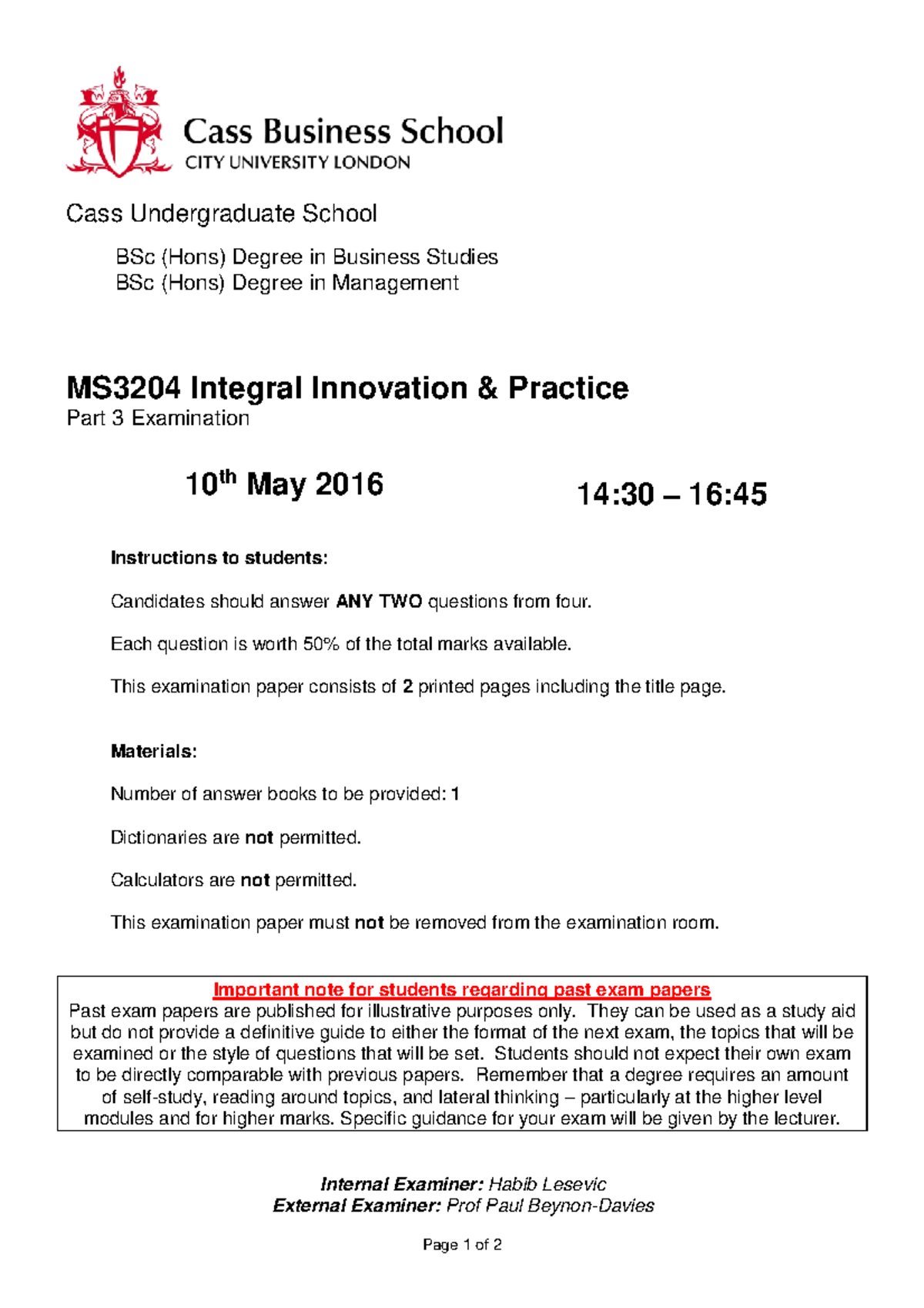 Integral Innovation and Practice - Exam Paper - 2016 - Cass ...
