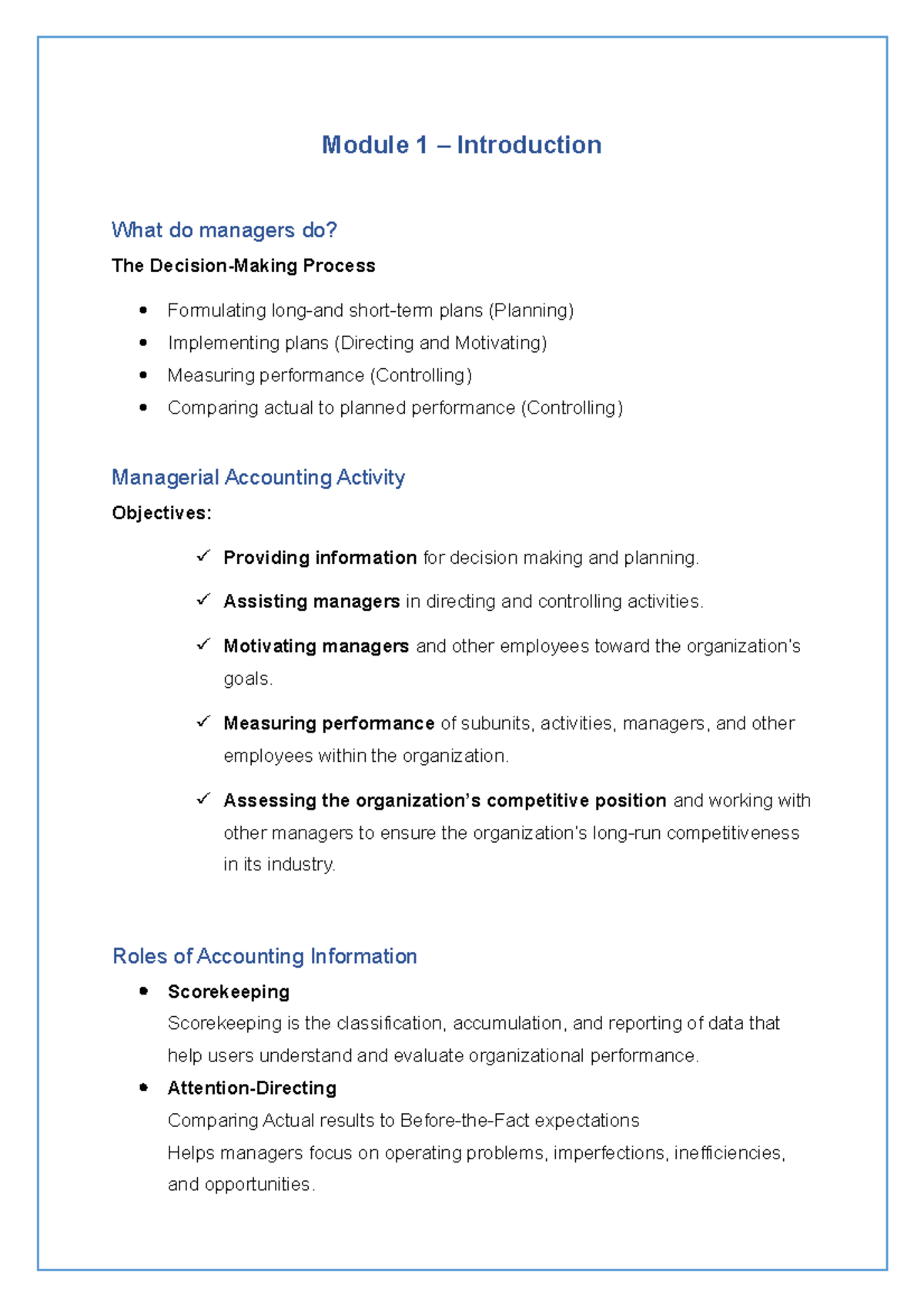 Notes - Module 1 – Introduction What do managers do? The Decision ...