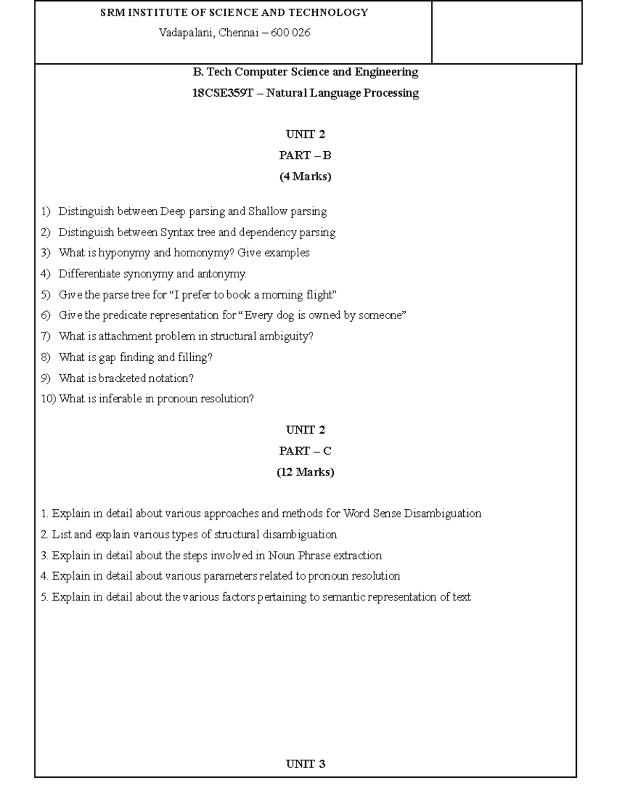 18CSE359T NLP Q Bank-UNIT2,3 - SRM INSTITUTE OF SCIENCE AND TECHNOLOGY Vadapalani, Chennai – 600 ...