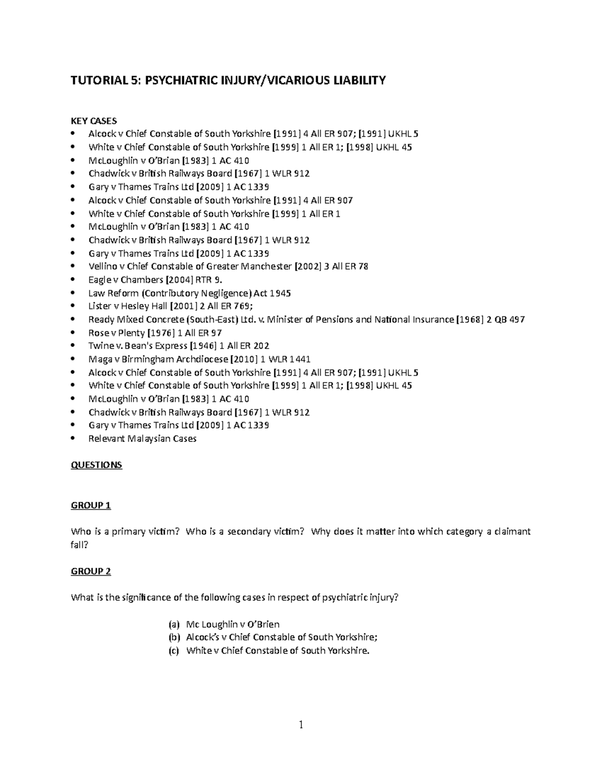 Tutorial 5 - TUTORIAL 5: PSYCHIATRIC INJURY/VICARIOUS LIABILITY KEY ...