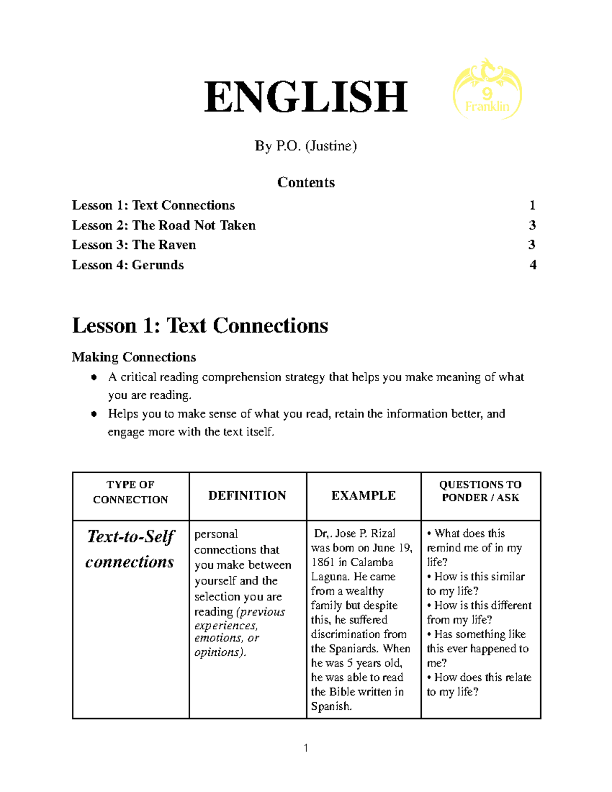 ENG 9 Q2 Reviewer ( Franklin) - ENGLISH By P. (Justine) Contents Lesson ...