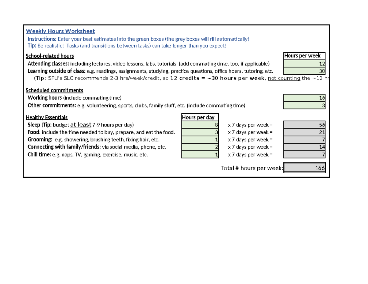 SCHEDULE PLANNING FOR ACADEMIC SUCCESS - Hours per week 12 30 16 3 ...