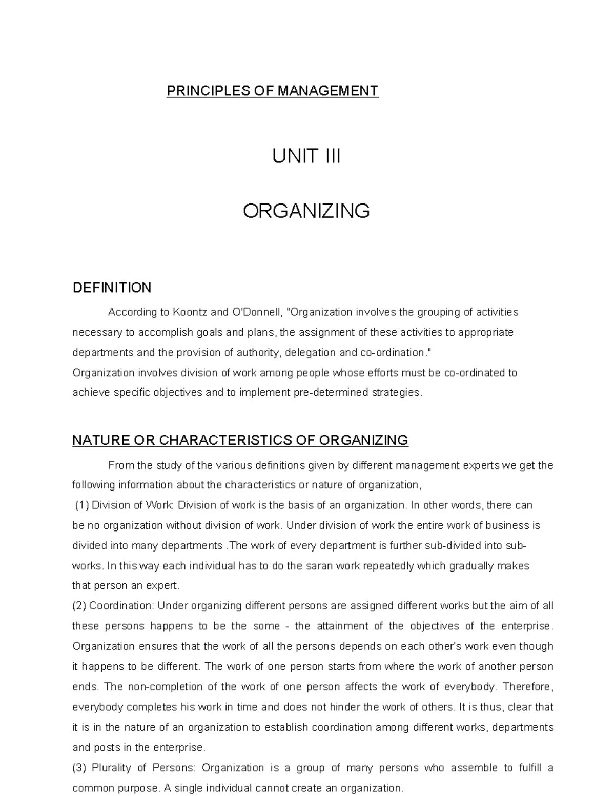 POM U3 - Principles of Management - PRINCIPLES OF MANAGEMENT UNIT III ORGANIZING DEFINITION ...