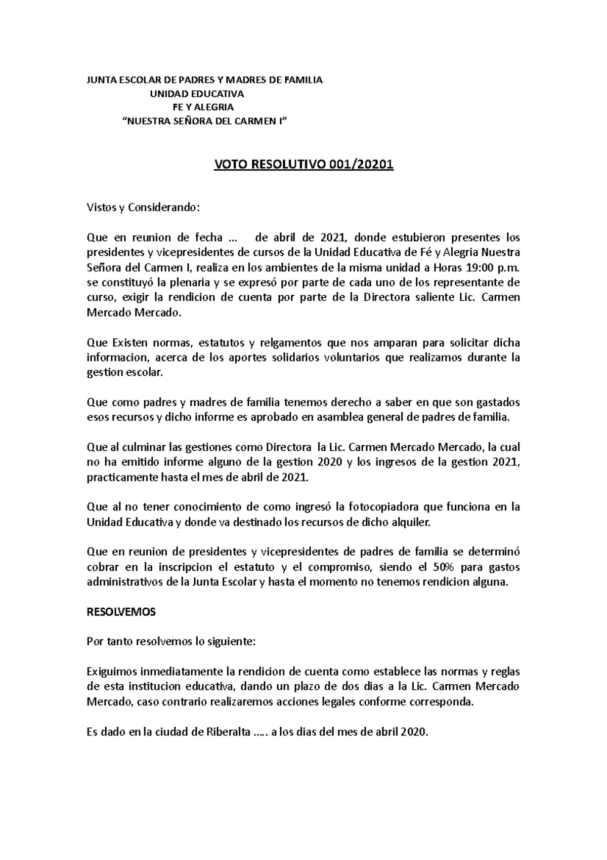 Voto resolutivo PPMM - VOTO - JUNTA ESCOLAR DE PADRES Y MADRES DE ...