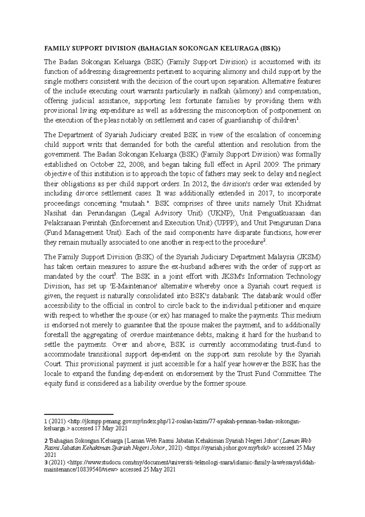 Family Support Division (BSK) Assignment 2021 - FAMILY SUPPORT DIVISION ...