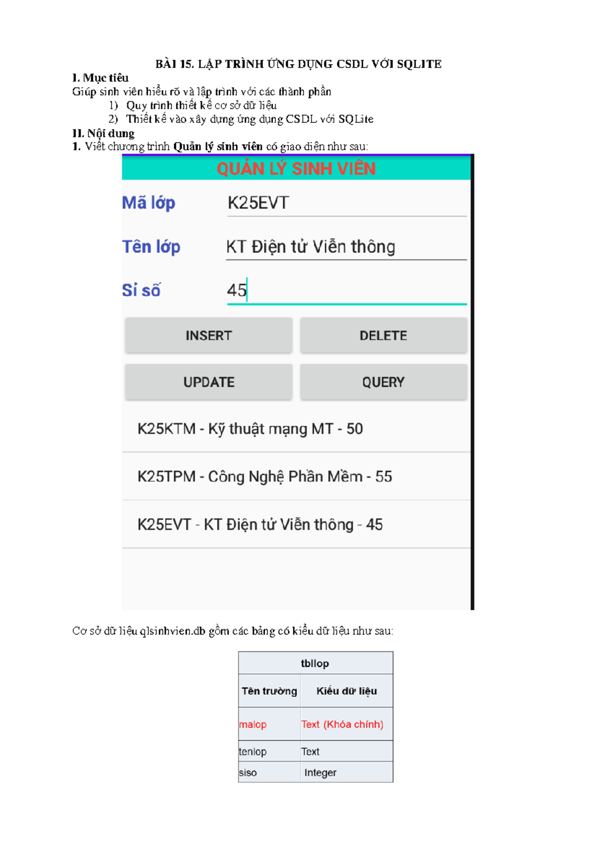 Bai 15 - Co so du lieu voi SQLite- tiny ver - 2 - BÀI 15. LẬP TRÌNH ỨNG DỤNG CSDL VỚI SQLITE I ...