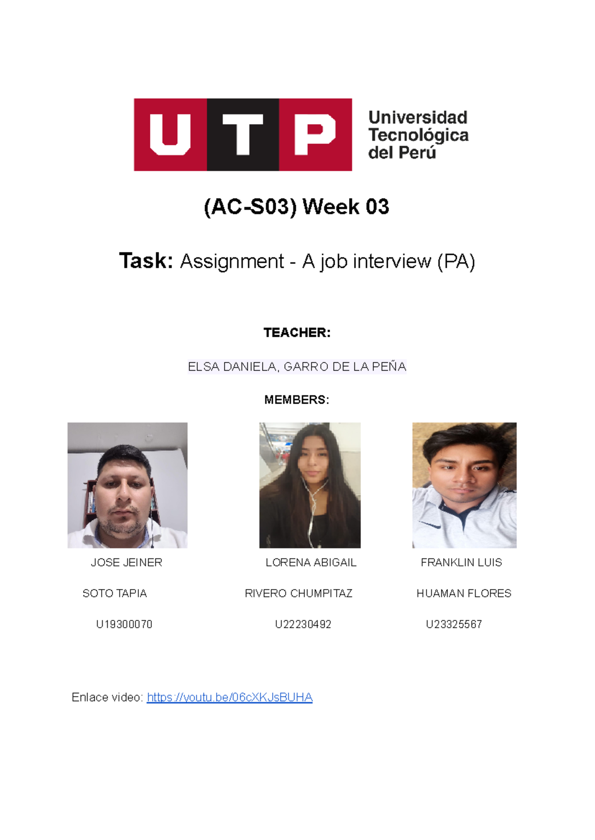 Ingles - Week 03 - (AC-S03) Week 03 Task: Assignment - A job interview (PA) TEACHER: ELSA ...