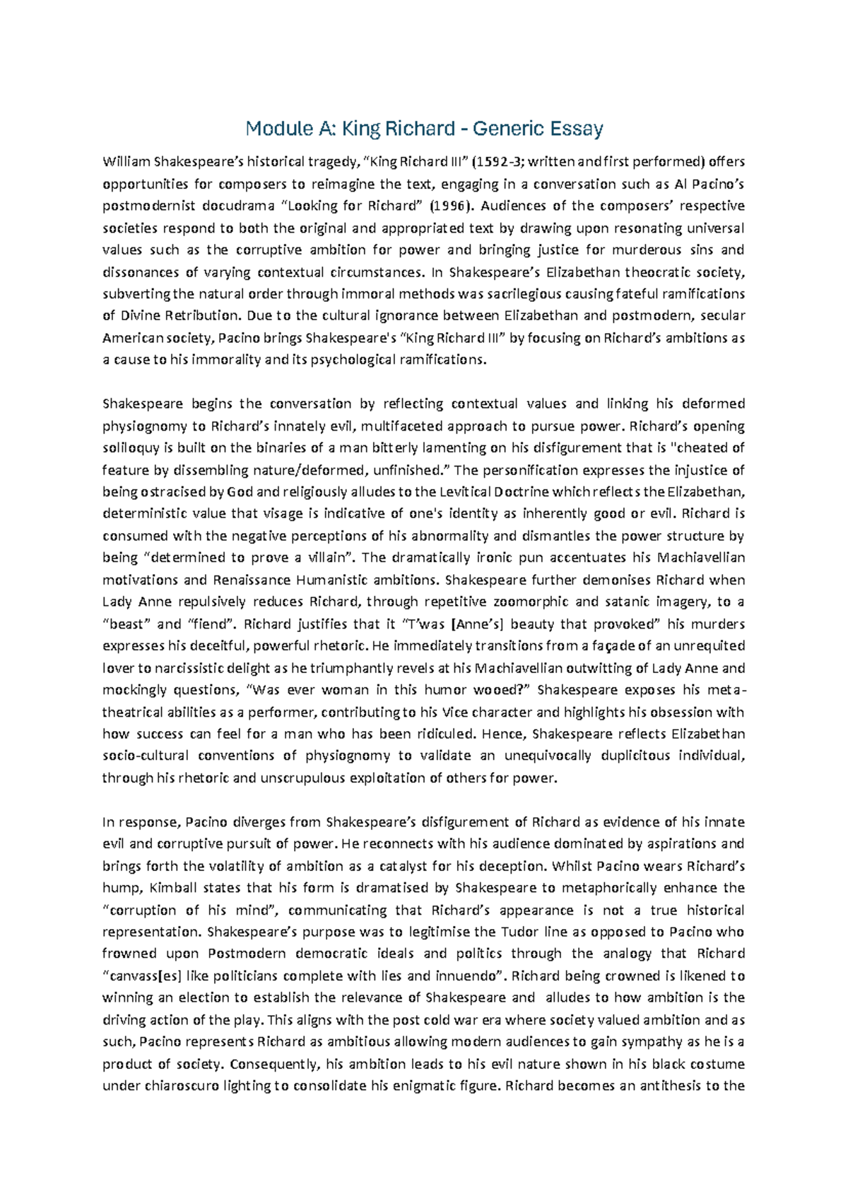 Module A - King Richard - General essay to help adapt to questions ...