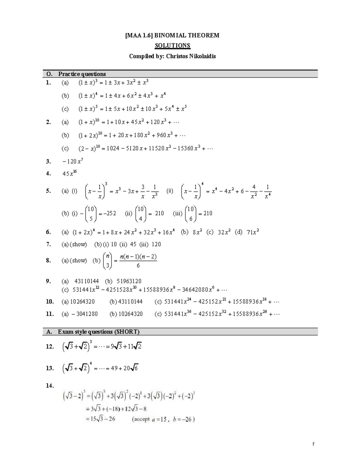 [MAA 1.6] Binomial Theorem solutions - [MAA 1] BINOMIAL THEOREM SOLUTIONS Compiled by: Christos ...