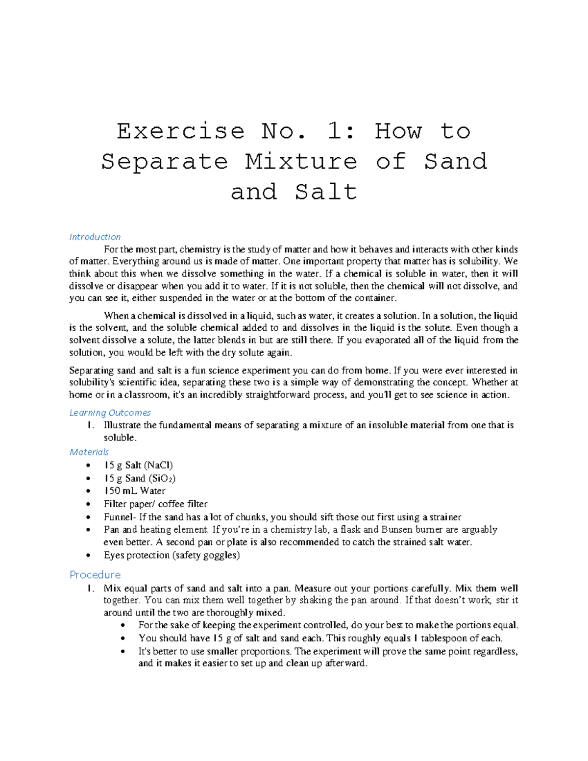 Exercise No.1 How to separate mixture of Sand and Salt - Exercise No. 1 ...