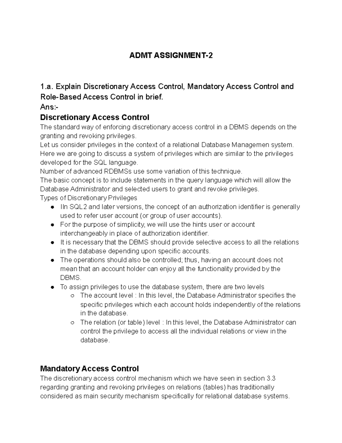 ADMT Assign 2 - ADMT ASSIGNMENT- 1. Explain Discretionary Access ...