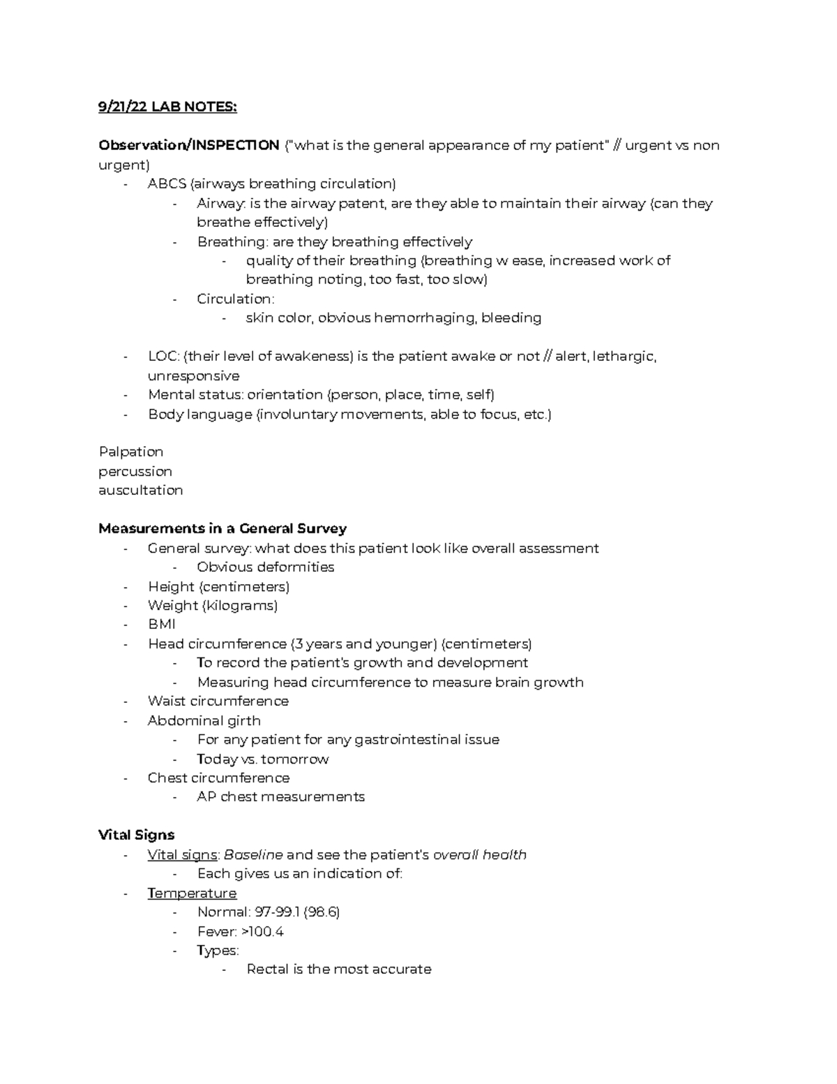 HA Lab Notes - 9/21/22 LAB NOTES: Observation/INSPECTION (“what is the ...