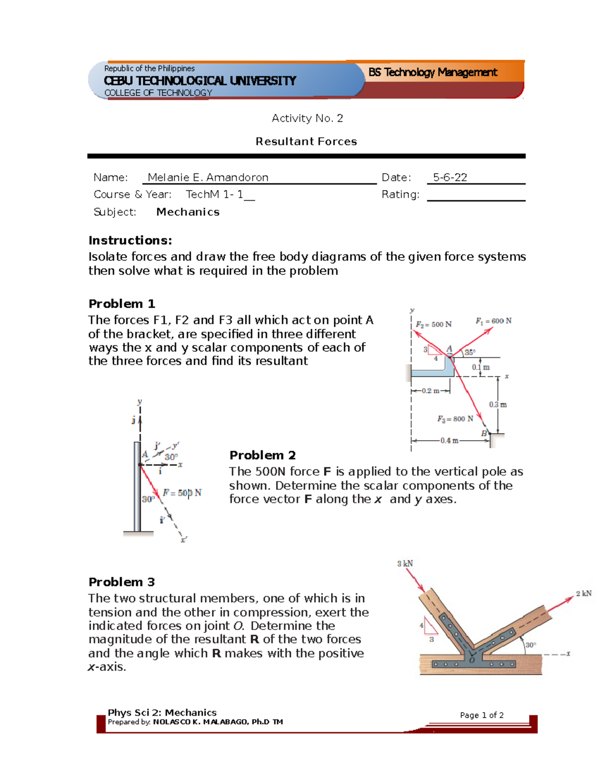 Mech act2 - Mechanics - Phys Sci 2: Mechanics Activity No. 2 Resultant ...