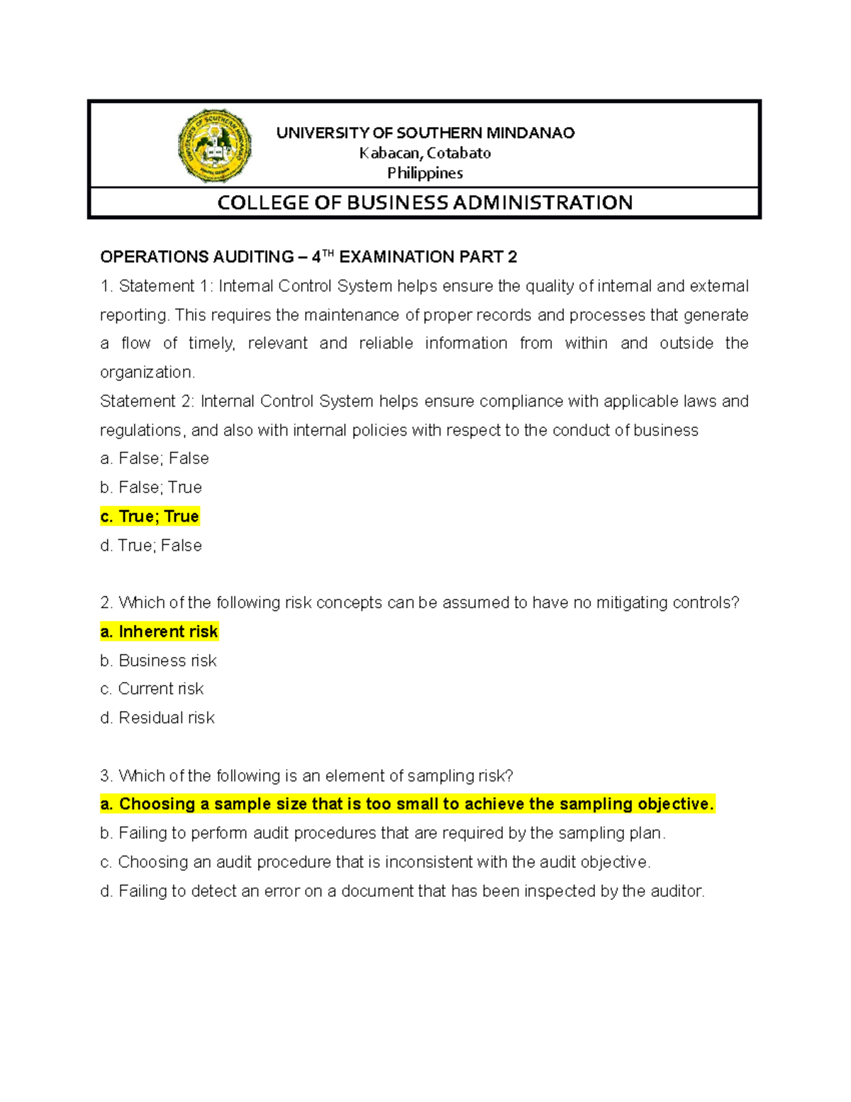 Operations Auditing – 4TH Examination PART 2 - Kabacan, Cotabato Philippines COLLEGE OF BUSINESS ...