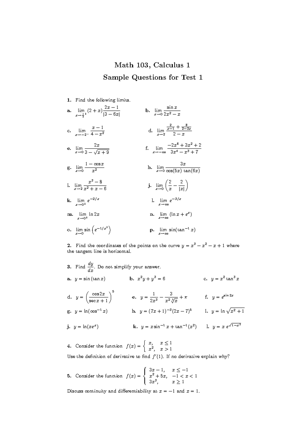Exam 15 August 2019, questions and answers - Math 103, Calculus 1 ...