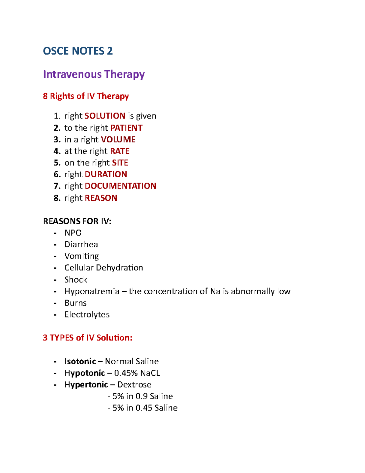 OSCE Notes 2 - IV Therapy - OSCE NOTES 2 Intravenous Therapy 8 Rights ...