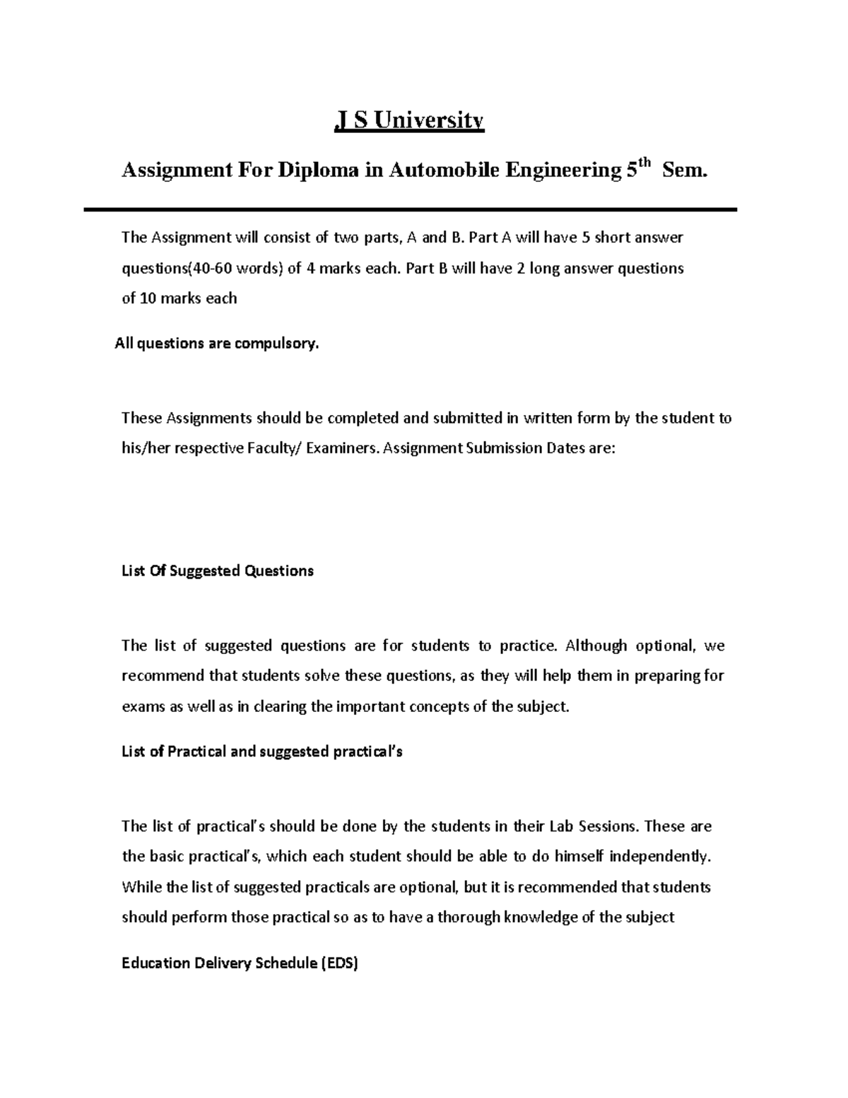 Diploma 5th sem automobile assignment - J S University Assignment For ...