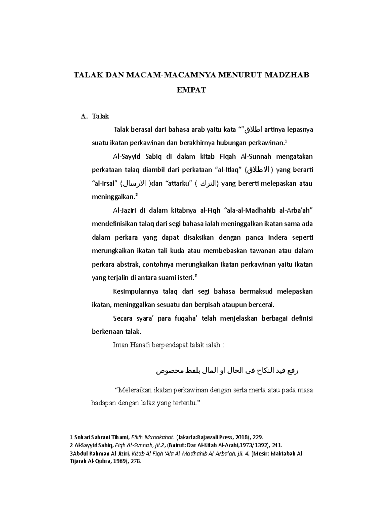 14. Thalaq - TALAK DAN MACAM-MACAMNYA MENURUT MADZHAB EMPAT A. Talak ...
