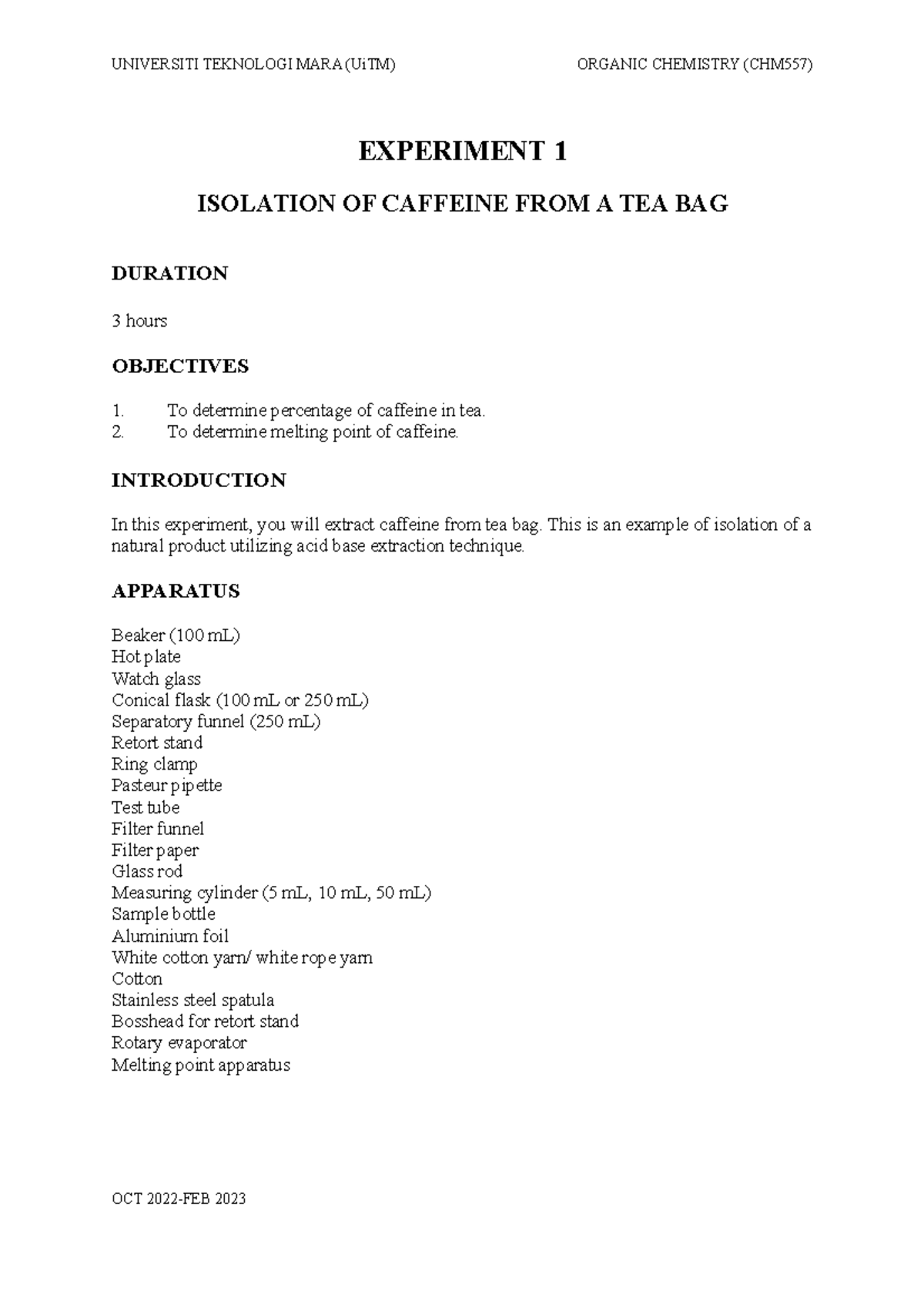 CHM557 Experiment 1 - LAB MANUAL OF EXPERMINENT 1 - EXPERIMENT 1 ...