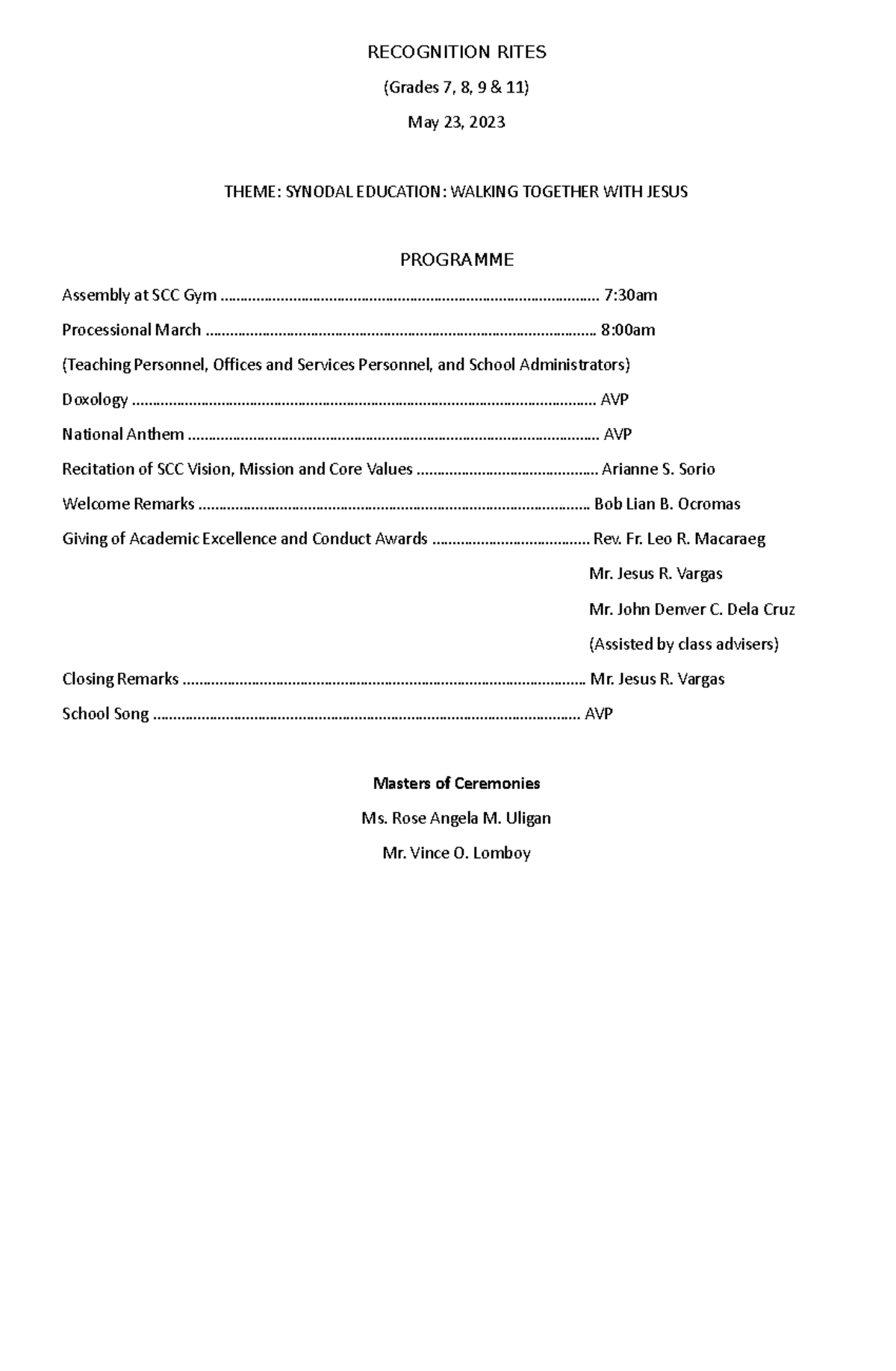 Programme - learning - RECOGNITION RITES (Grades 7, 8, 9 & 11) May 23 ...