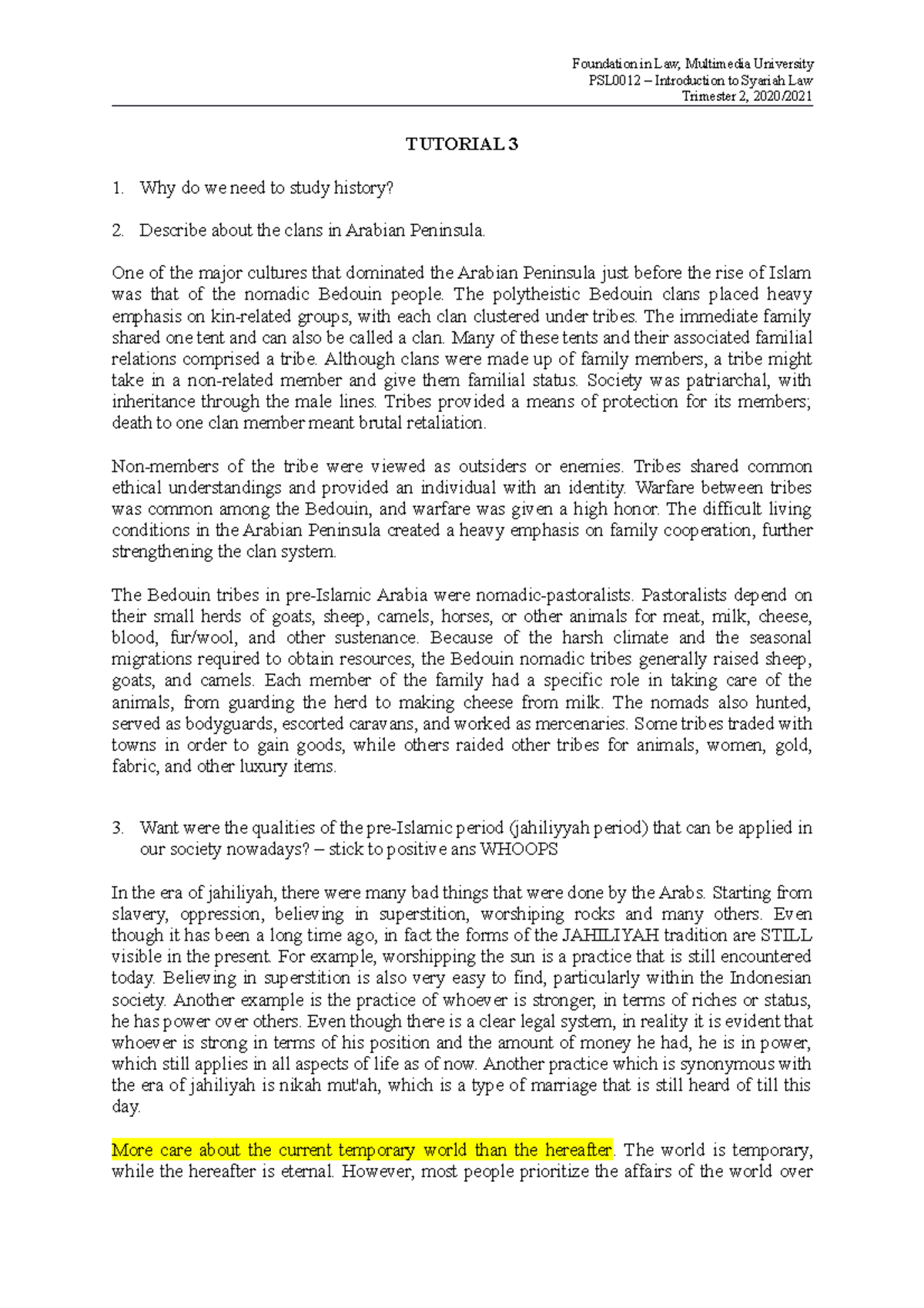 Tutorial 3 PSL0012 Intro to Syariah Law Tri 2 2017-2018 - Foundation in ...