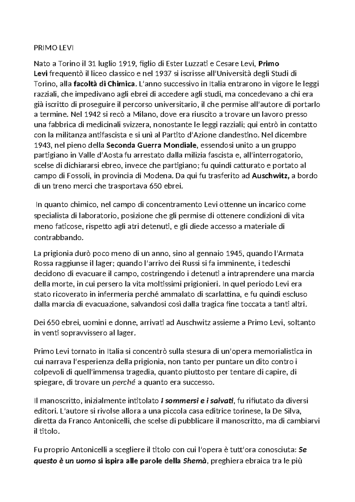 Primo LEVI - Riassunto Letteratura italiana contemporanea - PRIMO LEVI ...