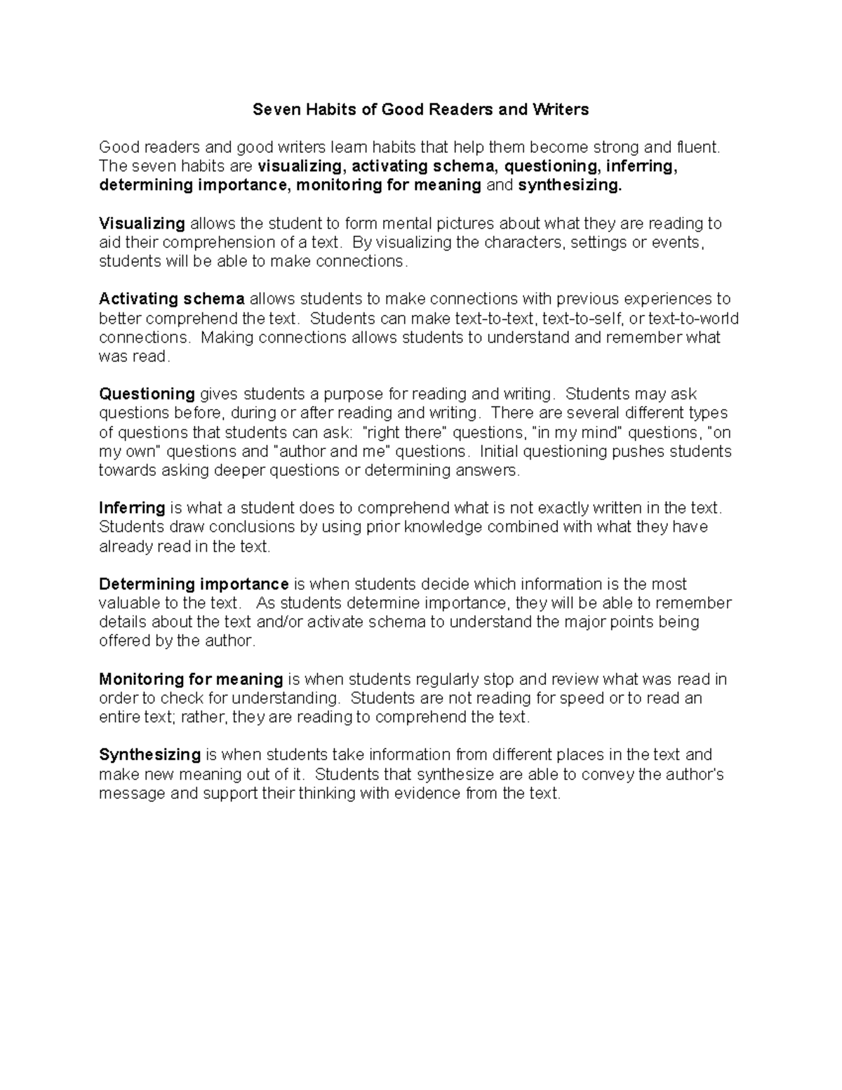 Seven habits of good readers and writers - Seven Habits of Good Readers ...