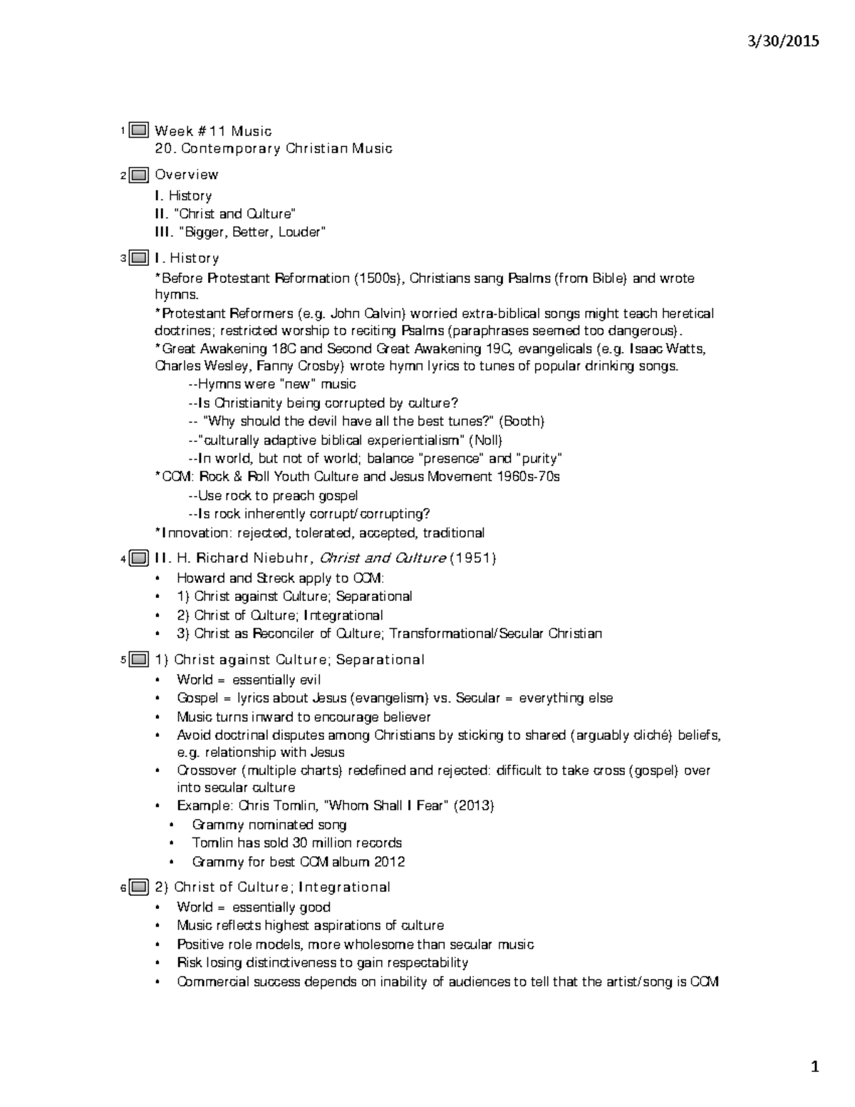 20 - Music: Contemporary Christian Music lecture notes - 3/30/ 1 W eek ...