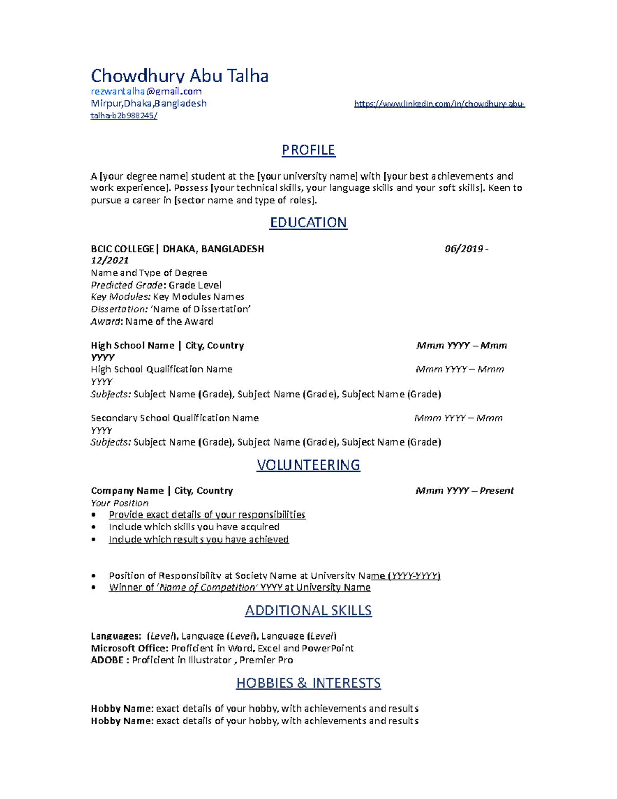 FREE CV Template 2 - dada - Chowdhury Abu Talha rezwantalha@gmail Mirpur,Dhaka,Bangladesh - Studocu