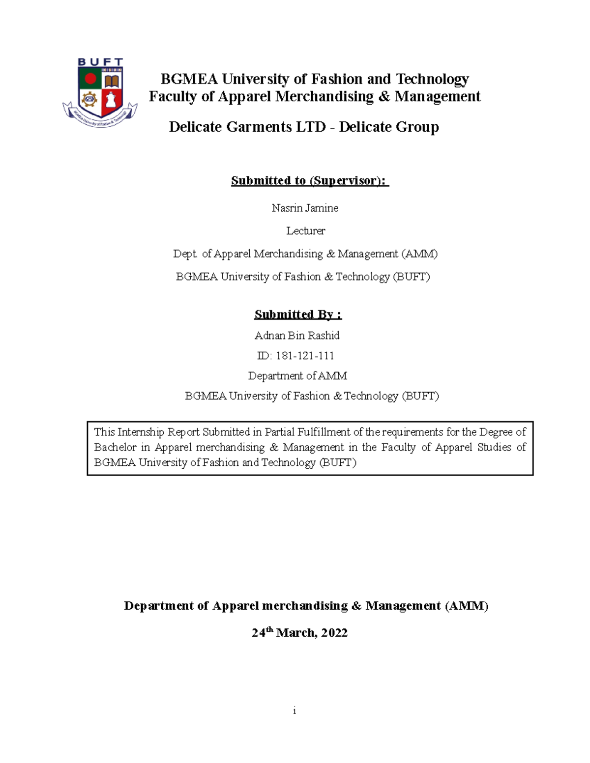 internship report - BGMEA University of Fashion and Technology Faculty ...