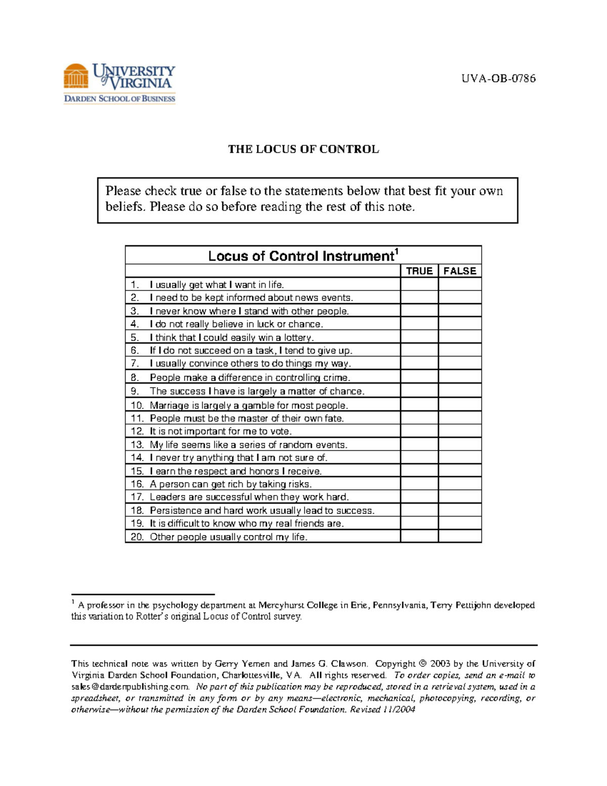 OB-786 Locus of Control - UVA-OB- This technical note was written by ...