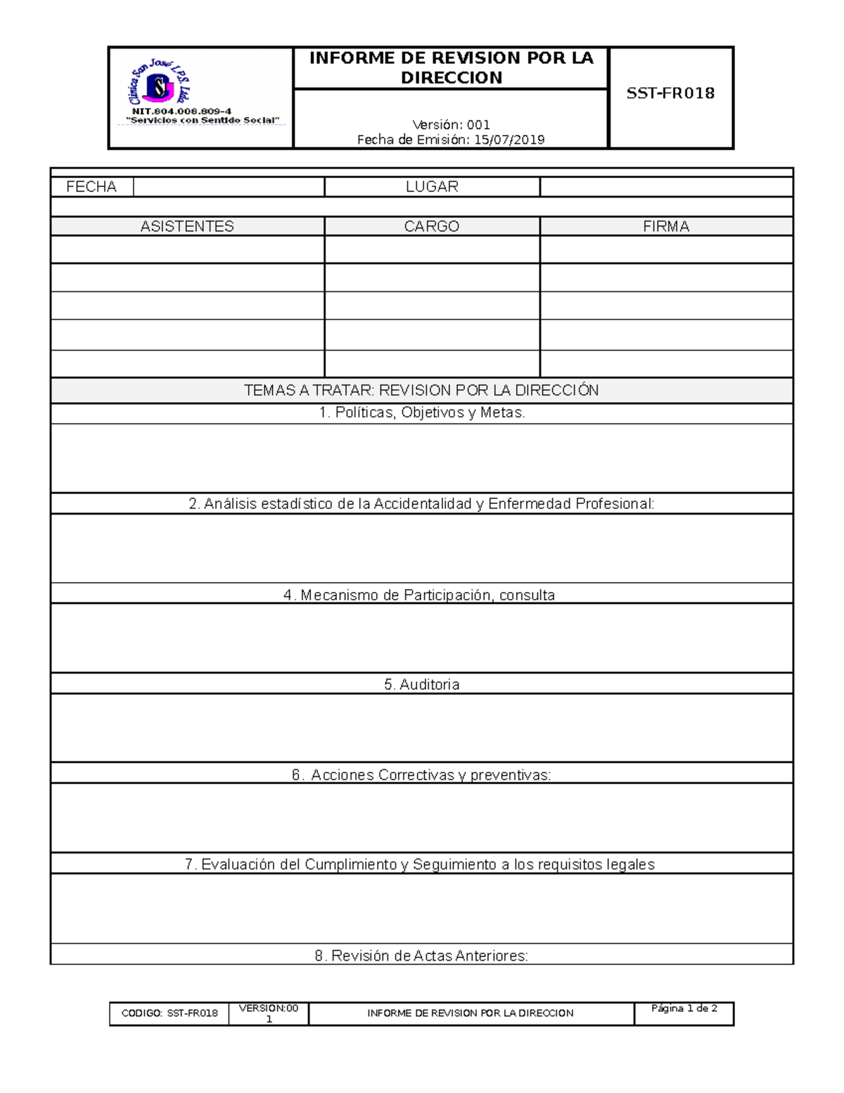 SST-FR018 Informe DE Revision POR LA Direccion - INFORME DE REVISION ...